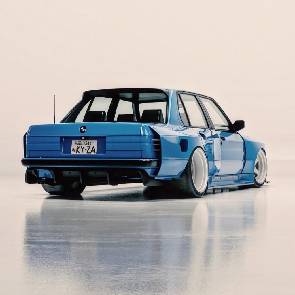 Widebody LTO E30 BMW Sedan Rocks Rotiform Wheels, Yas Marina Blue Paint