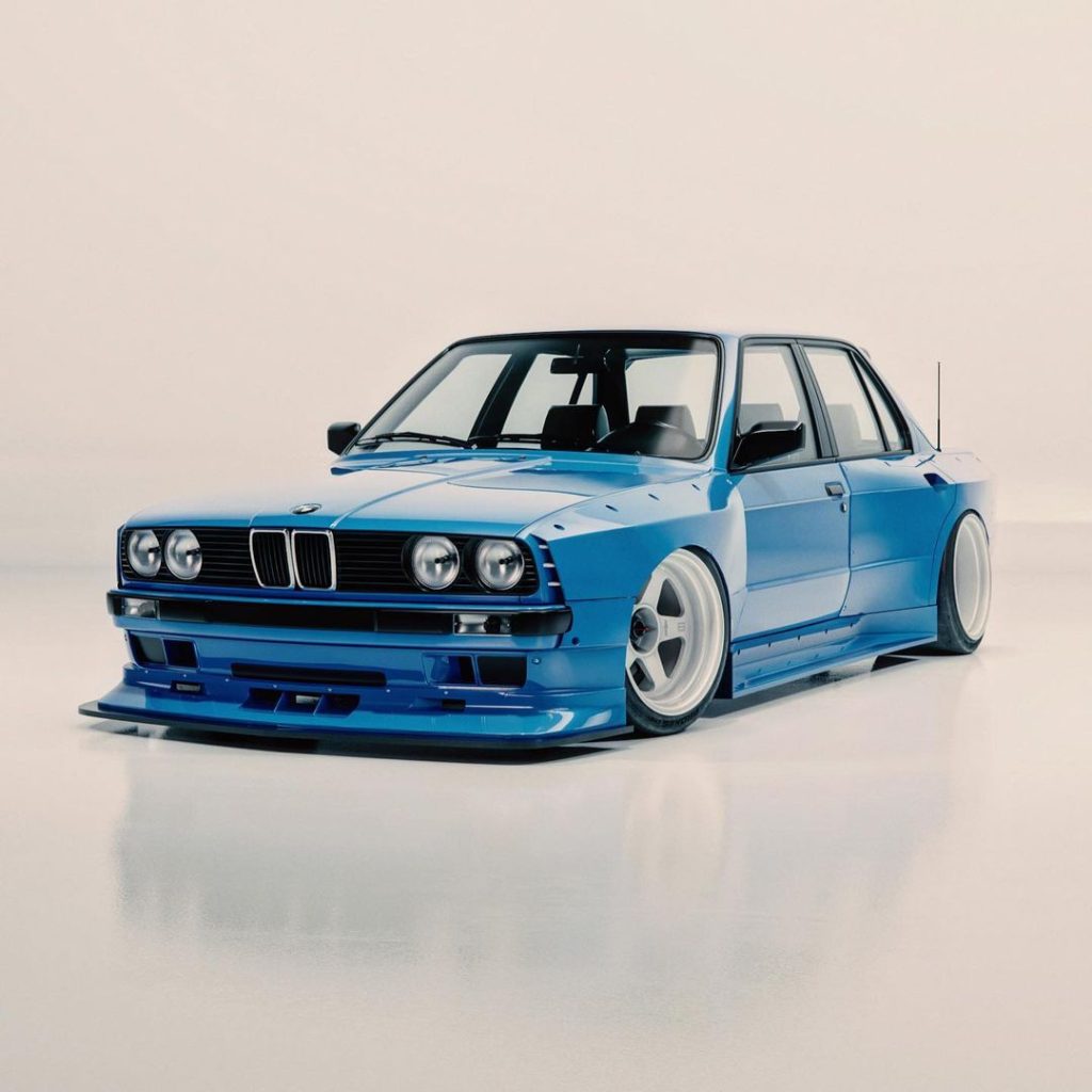 Widebody LTO E30 BMW Sedan Rocks Rotiform Wheels, Yas Marina Blue Paint