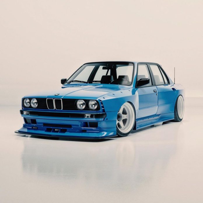Widebody LTO E30 BMW Sedan Rocks Rotiform Wheels, Yas Marina Blue Paint