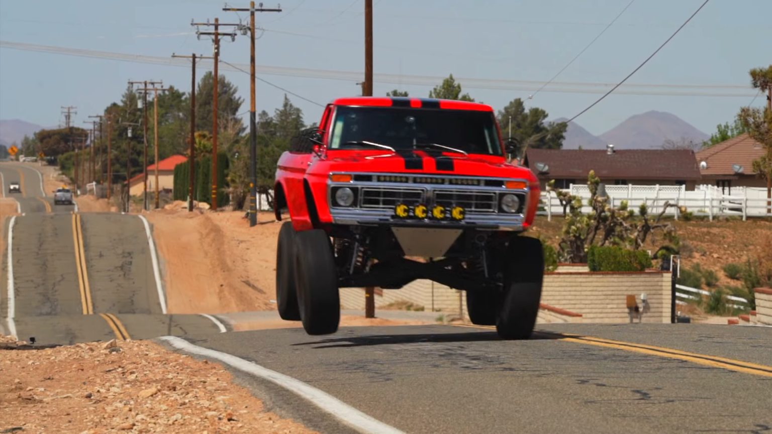 Red 1977 Ford F100 Pre-Runner by RJ Fab Goes Airborn Using 427 Power