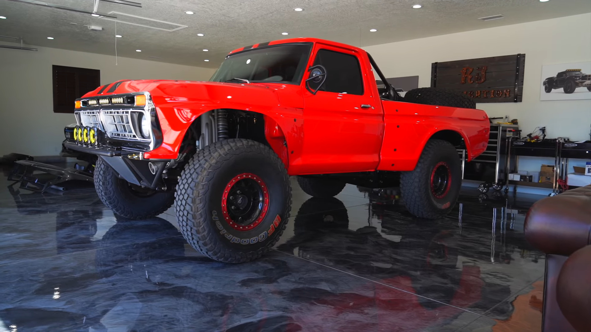 Red 1977 Ford F100 Pre-Runner by RJ Fab Goes Airborn Using 427 Power
