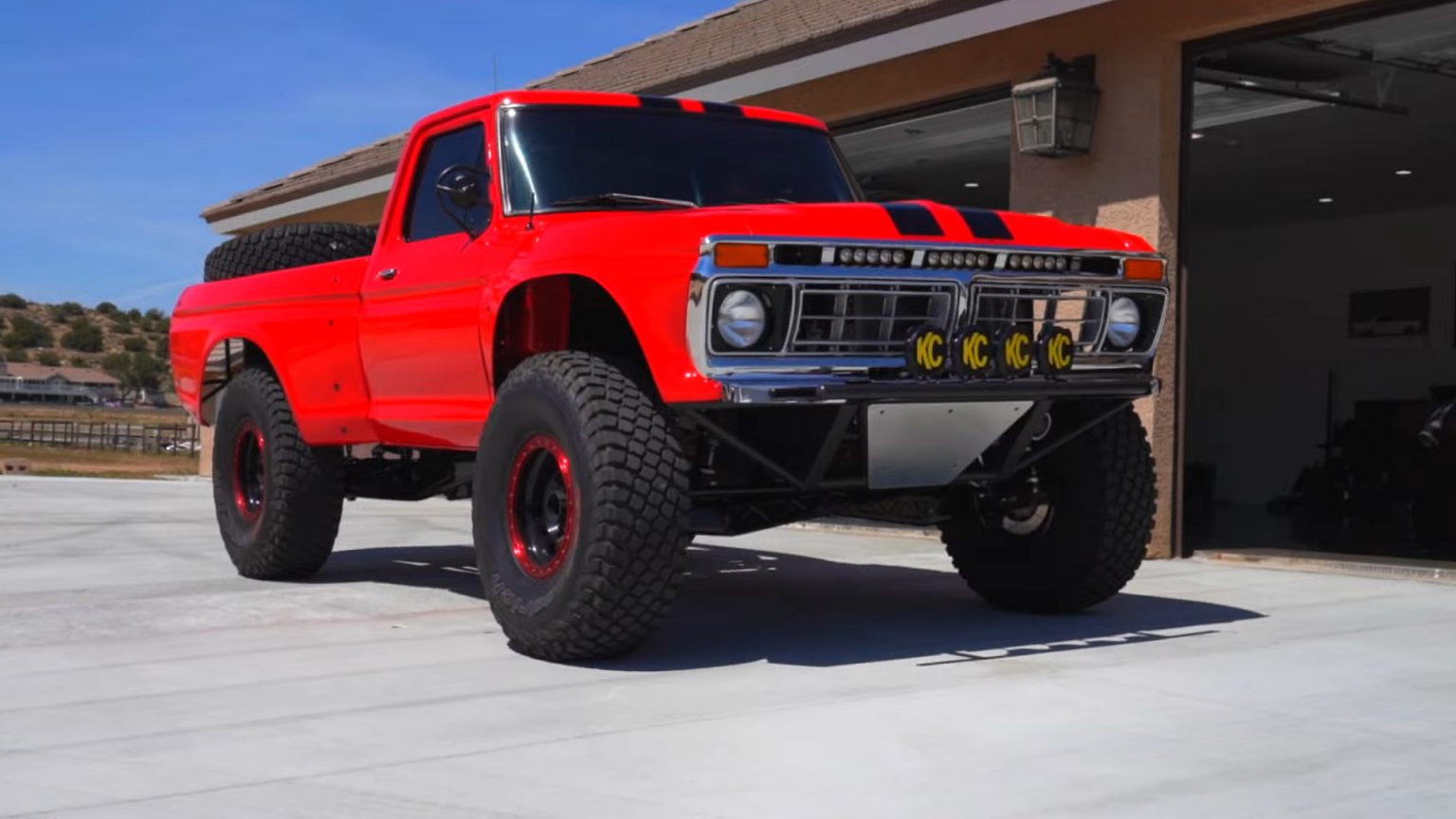 Red 1977 Ford F100 Pre-Runner by RJ Fab Goes Airborn Using 427 Power