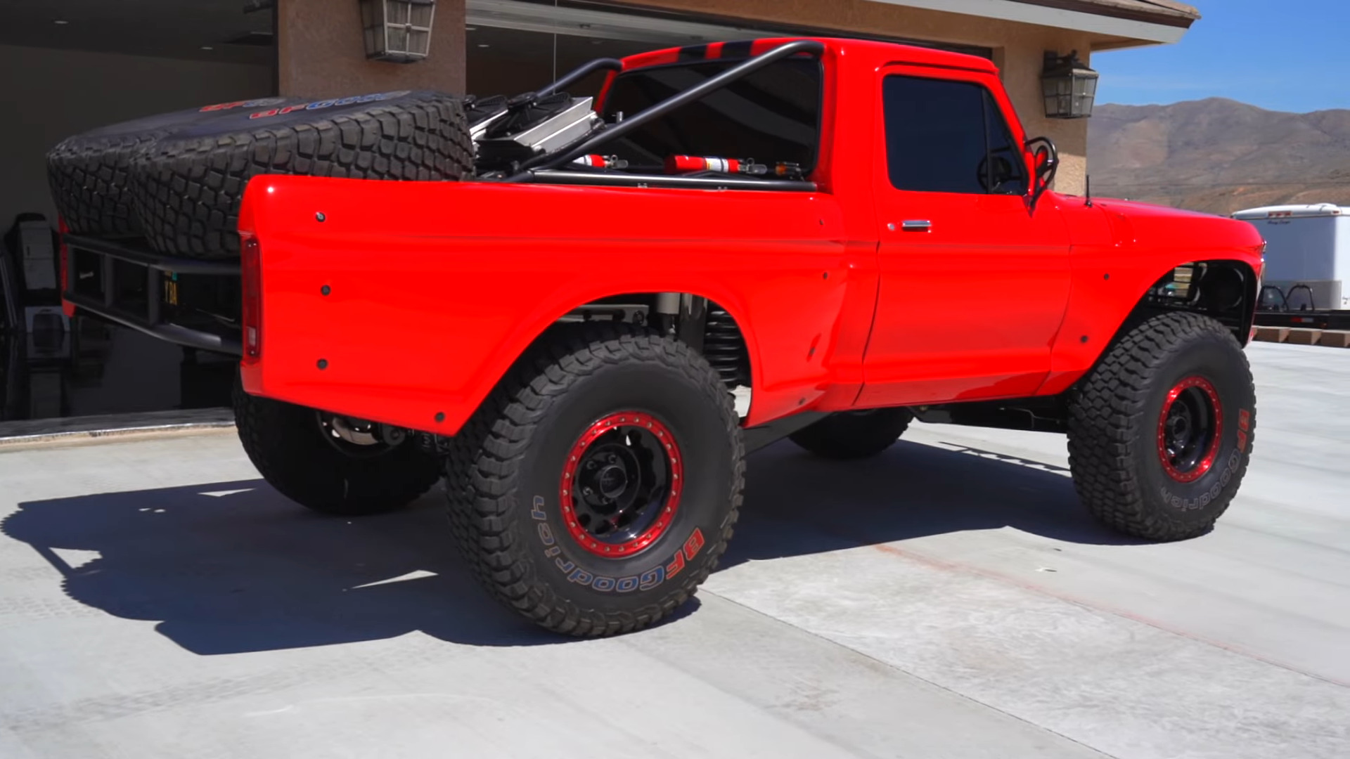Red 1977 Ford F100 Pre-Runner by RJ Fab Goes Airborn Using 427 Power