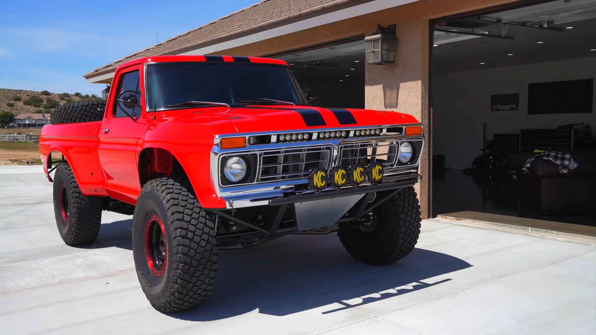 Red 1977 Ford F100 Pre-Runner by RJ Fab Goes Airborn Using 427 Power