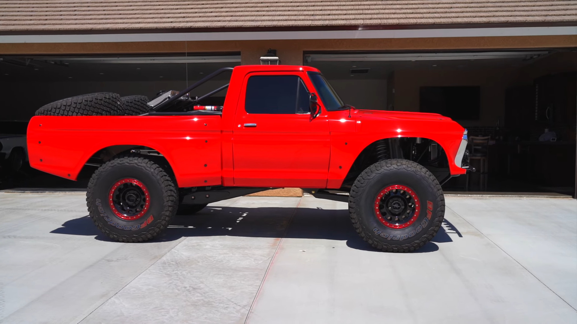 Red 1977 Ford F100 Pre-Runner by RJ Fab Goes Airborn Using 427 Power