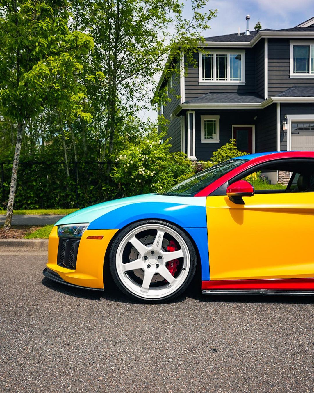 VW Harlequin Audi R8 Somehow Looks Natural, Sits Low on Volk Wheels